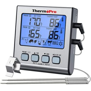 thermopro tp-17 dual probe digital cooking meat thermometer large lcd backlight food grill thermometer with timer mode for smoker kitchen oven bbq, silver