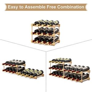 Wine Rack Freestanding Storage 12 Bottle Capacity, 3 Tiers Modular Small Wine Racks Countertop, Farmhouse Wood Wine Holder Stands for Pantry Table Top Organizer (Natural, 12 Bottles)