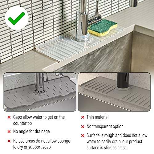 Kitchen Sink Splash Guard - Silicone Faucet Handle Drip Catcher Tray with Water Repellent Finish, 3 in 1 - Soap Dish, Sponge Holder & Drying Mat, Clear