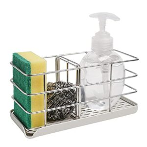 sponge holder for kitchen sink,304 stainless steel kitchen sink organizer sink tray drainer rack hanging adjustable panel brush sink caddy soap holder for countertop or wall stick with auto overflow