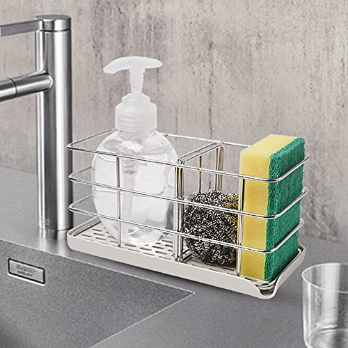 Sponge Holder for Kitchen Sink,304 Stainless Steel Kitchen Sink Organizer Sink Tray Drainer Rack Hanging Adjustable Panel Brush Sink Caddy Soap Holder for Countertop Or Wall Stick with Auto Overflow