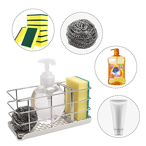 Sponge Holder for Kitchen Sink,304 Stainless Steel Kitchen Sink Organizer Sink Tray Drainer Rack Hanging Adjustable Panel Brush Sink Caddy Soap Holder for Countertop Or Wall Stick with Auto Overflow