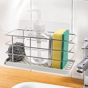 Sponge Holder for Kitchen Sink,304 Stainless Steel Kitchen Sink Organizer Sink Tray Drainer Rack Hanging Adjustable Panel Brush Sink Caddy Soap Holder for Countertop Or Wall Stick with Auto Overflow