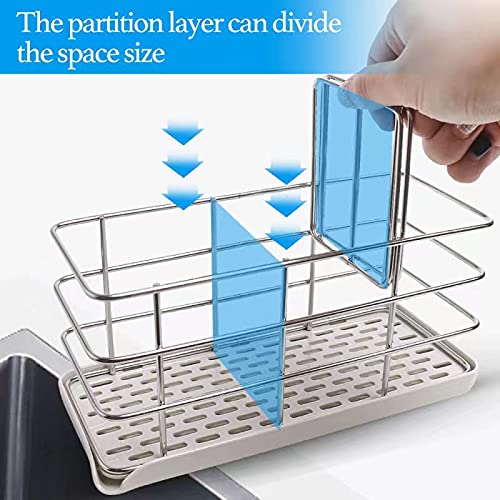 Sponge Holder for Kitchen Sink,304 Stainless Steel Kitchen Sink Organizer Sink Tray Drainer Rack Hanging Adjustable Panel Brush Sink Caddy Soap Holder for Countertop Or Wall Stick with Auto Overflow