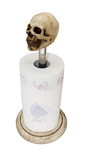 Rustic White Wood Skull Paper Towel Holder Stand Up Paper Towel Holder, Easy One-Handed Tear Kitchen Paper Towel Dispenser with Weighted Base for Standard Paper Towel Rolls ,Rustic White