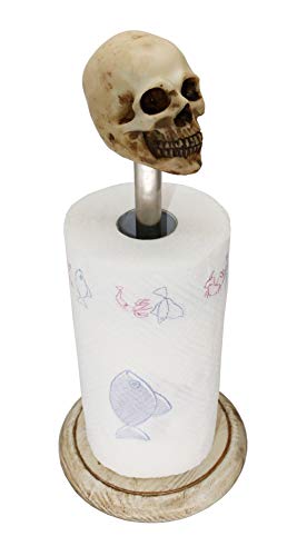 Rustic White Wood Skull Paper Towel Holder Stand Up Paper Towel Holder, Easy One-Handed Tear Kitchen Paper Towel Dispenser with Weighted Base for Standard Paper Towel Rolls ,Rustic White