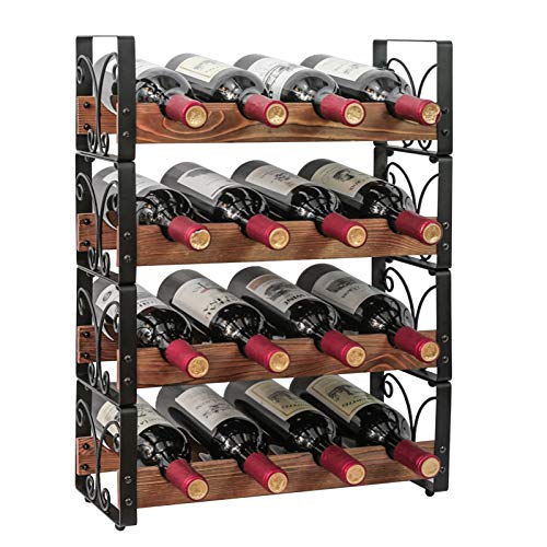 X-cosrack Rustic 16 Bottles Stackable Wine Rack 4 Tier Freestanding Organizer Holder Stand Countertop Liquor Storage Shelf Solid Wood & Iron 16.5" L x 7.0" W x 22" H-Patent Design