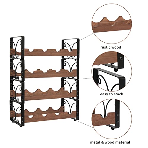 X-cosrack Rustic 16 Bottles Stackable Wine Rack 4 Tier Freestanding Organizer Holder Stand Countertop Liquor Storage Shelf Solid Wood & Iron 16.5" L x 7.0" W x 22" H-Patent Design