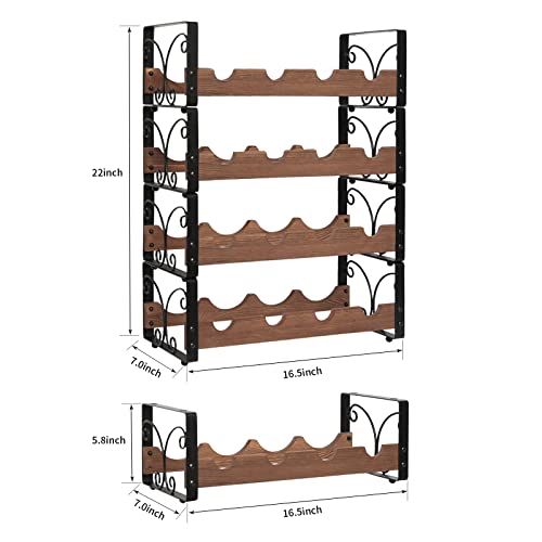 X-cosrack Rustic 16 Bottles Stackable Wine Rack 4 Tier Freestanding Organizer Holder Stand Countertop Liquor Storage Shelf Solid Wood & Iron 16.5" L x 7.0" W x 22" H-Patent Design