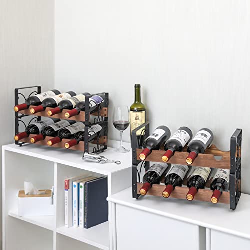 X-cosrack Rustic 16 Bottles Stackable Wine Rack 4 Tier Freestanding Organizer Holder Stand Countertop Liquor Storage Shelf Solid Wood & Iron 16.5" L x 7.0" W x 22" H-Patent Design