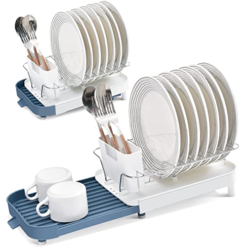 TOOLF Compact Dish Drainer, Small Expandable Dish Rack, Stainless Steel Dish Drying Rack with Removable Cutlery Holder, Anti Rust Plate Rack, Small Sink Drainer for Kitchen Countertop