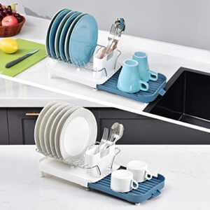 TOOLF Compact Dish Drainer, Small Expandable Dish Rack, Stainless Steel Dish Drying Rack with Removable Cutlery Holder, Anti Rust Plate Rack, Small Sink Drainer for Kitchen Countertop