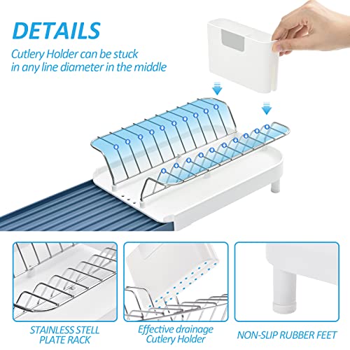 TOOLF Compact Dish Drainer, Small Expandable Dish Rack, Stainless Steel Dish Drying Rack with Removable Cutlery Holder, Anti Rust Plate Rack, Small Sink Drainer for Kitchen Countertop