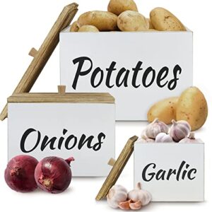 potato and onion storage bin set of 3, farmhouse kitchen storage container set for potato onion garlic, wood potato storage with lid, onion storage garlic keeper, potato box, onion and potato storage