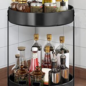 Fineget Rotating Spice Rack Organizer for Cabinet Kitchen 2 Tier Large Metal lazy Susan Spinning Turntable Tiered Vertical Storage Rack Self Black