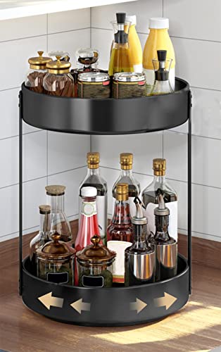 Fineget Rotating Spice Rack Organizer for Cabinet Kitchen 2 Tier Large Metal lazy Susan Spinning Turntable Tiered Vertical Storage Rack Self Black