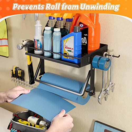 Lorbro Paper Towel Holder with Shelf, Paper Towel Holder Wall Mount One Hand Tear, Garage Organization and Storage with 4 Detachable Hooks, Holds 50 lbs, for Quick Clean Station, Shop, Workbench