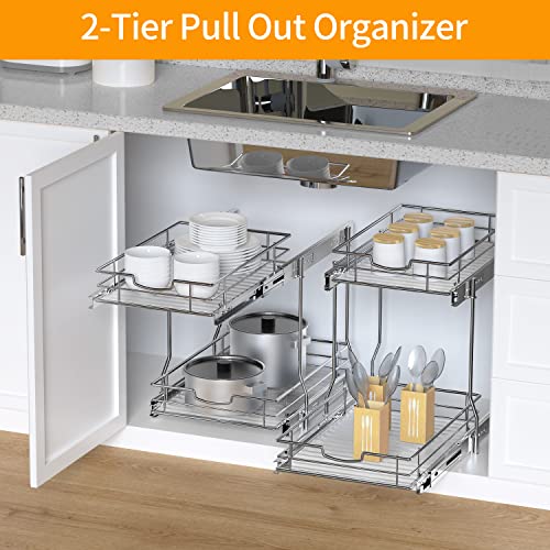 Lekind 2 Tier Pull Out Cabinet Organizer, Sliding Out Drawer Storage Shelf for Bathroom Kitchen, 12.0Wx16.5Dx16.7H-Inch