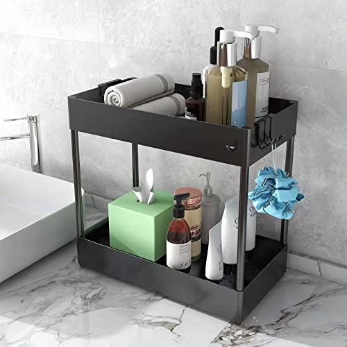 HANAMO 2PCS Under Sink Organizers Bathroom Organizer Under Sink Organizers and Storage 2-Tiers Under Kitchen Sink Organizers Multi-pupose Under Cabinet Organizer Under Sink Shelf with 10 Hooks black