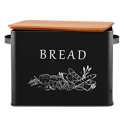 E-far Bread Box for Kitchen Countertop, Metal Bread Storage Container Bin with Bamboo Lid for Cutting Bread, Extra Large & Farmhouse Style, 13” x 7.2” x9.8”, Black