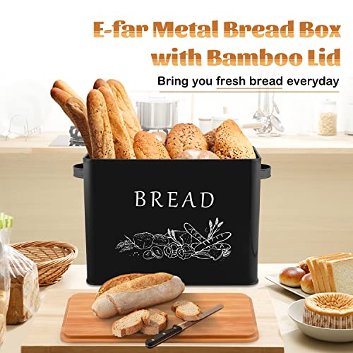 E-far Bread Box for Kitchen Countertop, Metal Bread Storage Container Bin with Bamboo Lid for Cutting Bread, Extra Large & Farmhouse Style, 13” x 7.2” x9.8”, Black