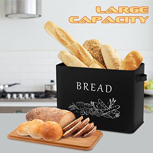 E-far Bread Box for Kitchen Countertop, Metal Bread Storage Container Bin with Bamboo Lid for Cutting Bread, Extra Large & Farmhouse Style, 13” x 7.2” x9.8”, Black