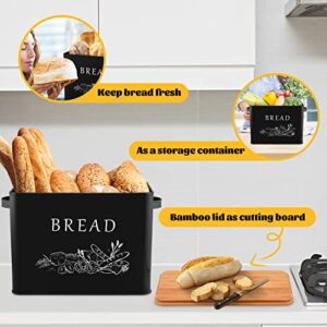 E-far Bread Box for Kitchen Countertop, Metal Bread Storage Container Bin with Bamboo Lid for Cutting Bread, Extra Large & Farmhouse Style, 13” x 7.2” x9.8”, Black