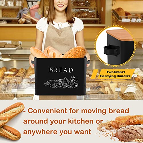 E-far Bread Box for Kitchen Countertop, Metal Bread Storage Container Bin with Bamboo Lid for Cutting Bread, Extra Large & Farmhouse Style, 13” x 7.2” x9.8”, Black