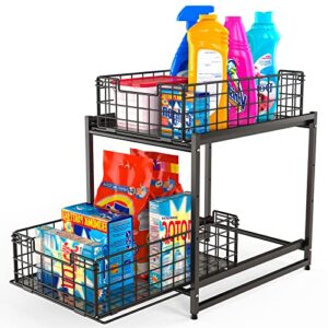 marafansie under kitchen cabinet sink organizer and storage with sliding drawer, wider 2 tier stackable basket rack for kitchen & bathroom with larger capacity heavy duty, black