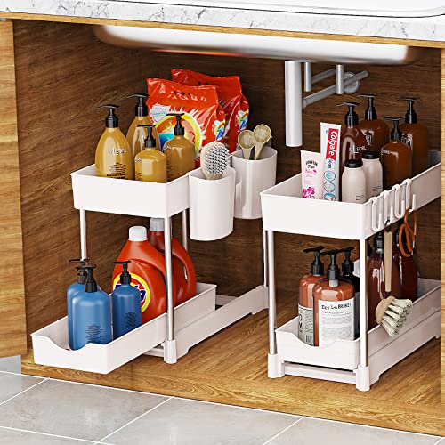 2 Pack Under Sink Organizers and Storage, 2 Tier Bathroom Organizer with Pull Out Drawer, Sliding Cabinet Basket Organizer with 4 Cups 8 Hooks, Multi-purpose Storage Shelf for Bathroom Kitchen, White