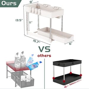 2 Pack Under Sink Organizers and Storage, 2 Tier Bathroom Organizer with Pull Out Drawer, Sliding Cabinet Basket Organizer with 4 Cups 8 Hooks, Multi-purpose Storage Shelf for Bathroom Kitchen, White