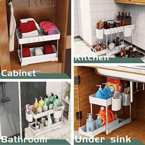 2 Pack Under Sink Organizers and Storage, 2 Tier Bathroom Organizer with Pull Out Drawer, Sliding Cabinet Basket Organizer with 4 Cups 8 Hooks, Multi-purpose Storage Shelf for Bathroom Kitchen, White