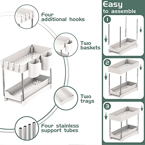 2 Pack Under Sink Organizers and Storage, 2 Tier Bathroom Organizer with Pull Out Drawer, Sliding Cabinet Basket Organizer with 4 Cups 8 Hooks, Multi-purpose Storage Shelf for Bathroom Kitchen, White