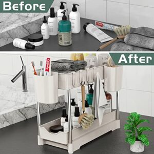 2 Pack Under Sink Organizers and Storage, 2 Tier Bathroom Organizer with Pull Out Drawer, Sliding Cabinet Basket Organizer with 4 Cups 8 Hooks, Multi-purpose Storage Shelf for Bathroom Kitchen, White