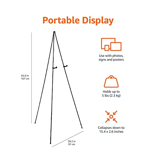 Amazon Basics Easel Stand, Instant Floor Poster, Lightweight, Collapsible and Portable with Tripod Base, Black Steel(supports 5 pounds)