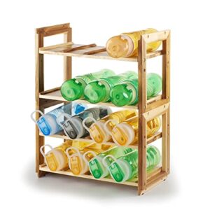 water bottle organizer, 4 tiered freestanding water bottle holder, natural wood water bottle storage rack, freestanding water bottle holder rack for kitchen countertops, holds 16 bottles