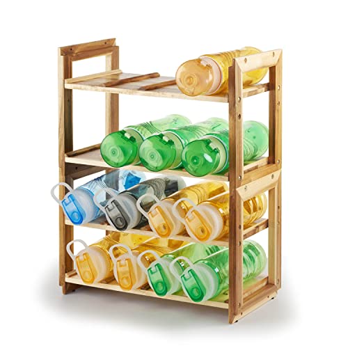 Water Bottle Organizer, 4 Tiered Freestanding Water Bottle Holder, Natural Wood Water Bottle Storage Rack, Freestanding Water Bottle Holder Rack for Kitchen Countertops, Holds 16 Bottles