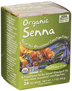 now foods, certified organic senna tea, caffeine free, relieving, non-gmo, premium unbleached tea bags with no-staples design, 24-count