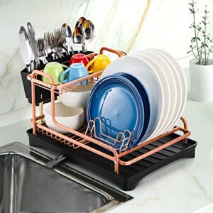 Frcctre Aluminum Dish Drying Rack, Rustproof Dish Rack and Drainboard Set with Adjustable Swivel Spout, Removable Drainer Tray and Utensil Holder for Kitchen Counter, Rose Gold