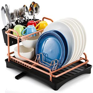 frcctre aluminum dish drying rack, rustproof dish rack and drainboard set with adjustable swivel spout, removable drainer tray and utensil holder for kitchen counter, rose gold