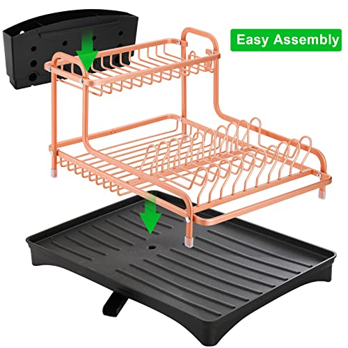 Frcctre Aluminum Dish Drying Rack, Rustproof Dish Rack and Drainboard Set with Adjustable Swivel Spout, Removable Drainer Tray and Utensil Holder for Kitchen Counter, Rose Gold