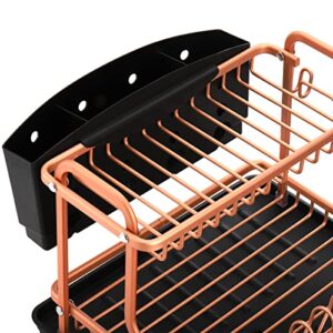 Frcctre Aluminum Dish Drying Rack, Rustproof Dish Rack and Drainboard Set with Adjustable Swivel Spout, Removable Drainer Tray and Utensil Holder for Kitchen Counter, Rose Gold