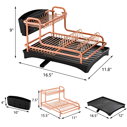 Frcctre Aluminum Dish Drying Rack, Rustproof Dish Rack and Drainboard Set with Adjustable Swivel Spout, Removable Drainer Tray and Utensil Holder for Kitchen Counter, Rose Gold