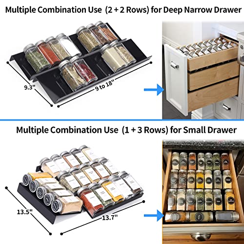 Spice Drawer Organizer, Black Acrylic 4 Tier 2 Set Expandable From 9" to 18" Seasoning Jars Drawers Insert, Kitchen Spice Rack Tray for Drawer/Countertop(Jars not included)