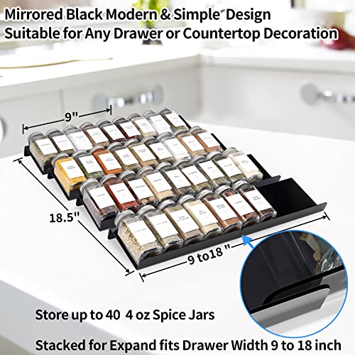 Spice Drawer Organizer, Black Acrylic 4 Tier 2 Set Expandable From 9" to 18" Seasoning Jars Drawers Insert, Kitchen Spice Rack Tray for Drawer/Countertop(Jars not included)