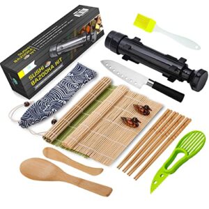 fungyand sushi making kit, all in one sushi bazooka maker with bamboo mats, bamboo chopsticks, avocado slicer, paddle, spreader, sushi knife, chopsticks holder, cotton bag, diy sushi roller machine