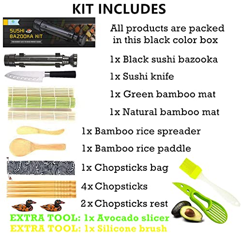 FUNGYAND Sushi Making Kit, All in One Sushi Bazooka Maker with Bamboo Mats, Bamboo Chopsticks, Avocado Slicer, Paddle, Spreader, Sushi Knife, Chopsticks Holder, Cotton Bag, DIY Sushi Roller Machine