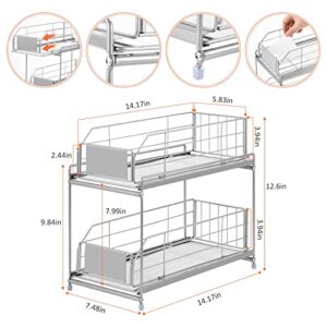 MOOACE 2 Pack Sliding Cabinet Basket Organizer, Bathroom Organizer Under Sink Shelf, Under Kitchen Cabinet Organizer, 2 Tier Multi-purpose Under Sink Storage Rack, Silver