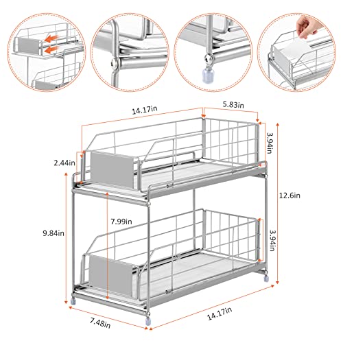 MOOACE 2 Pack Sliding Cabinet Basket Organizer, Bathroom Organizer Under Sink Shelf, Under Kitchen Cabinet Organizer, 2 Tier Multi-purpose Under Sink Storage Rack, Silver