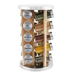 Orii 20 Jar Spice Rack with Spices Included - Tower Organizer for Kitchen Spices and Seasonings, Free Spice Refills for 5 Years (Natural Acacia Wood)